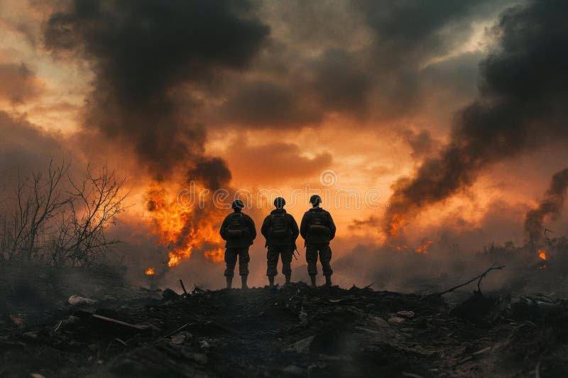 Three Figures Stand Tall Against Fire and Smoke, Facing Unrest with ...
