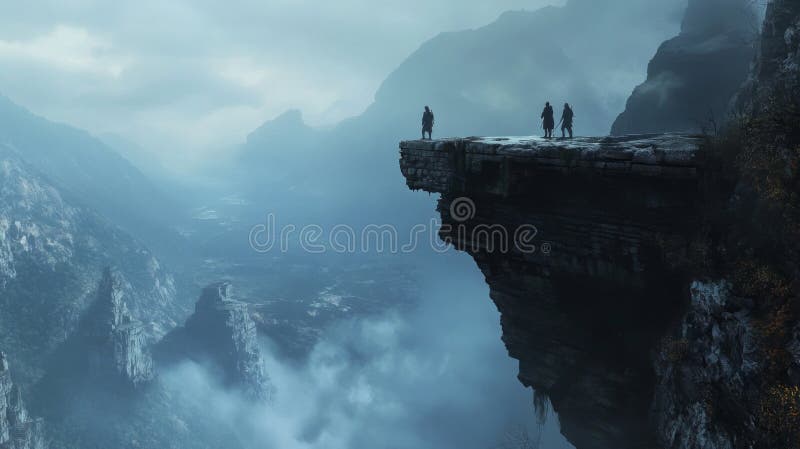Three Figures Standing on a Cliff Edge Overlooking a Foggy Valley Stock ...