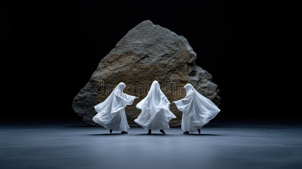Three Figures in White Robes Dance Gracefully Around a Large Rock Stock ...