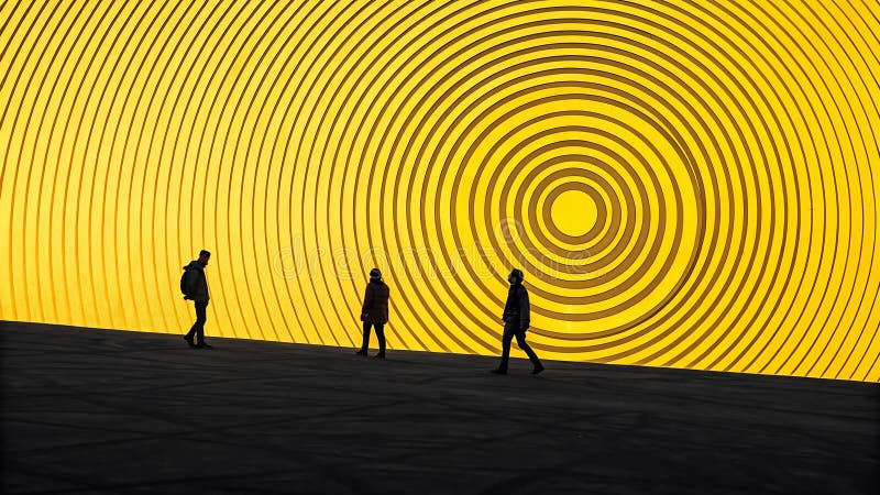 Three Figures before a Yellow Concentric Wall on a Pink Floor Creating ...