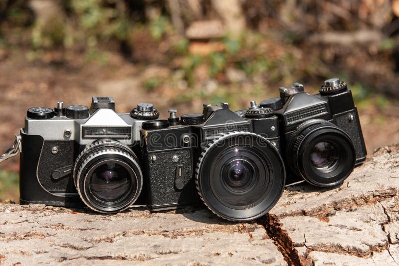 Three Film Old Professional Cameras with Lenses Stock Image - Image of ...