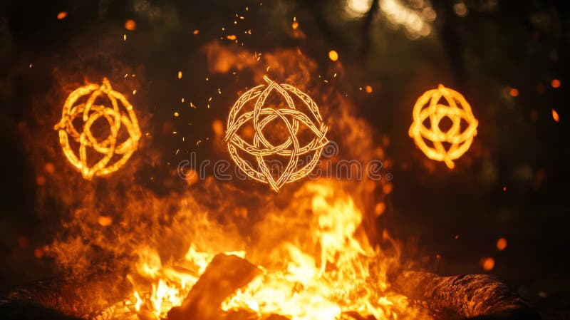 Three Fire Symbols Above a Burning Bonfire Stock Illustration ...