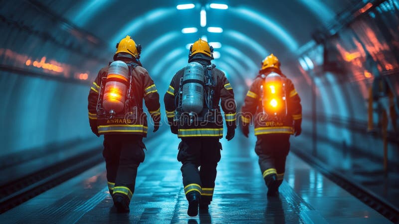 Three Firefighters Equipped with Gear Walking in a Dimly Lit Tunnel during a Preparedness Drill ...