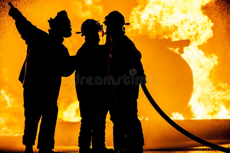 Three Firefighters Fighting a Burning Fire Stock Image - Image of ...