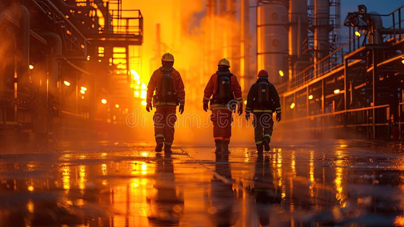 Three Firefighters in Protective Gear Approach an Industrial Fire Scene with Smoke and Lights ...