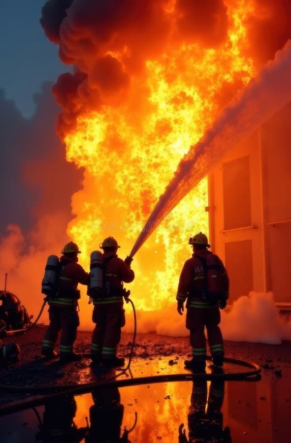 Firefighters Extinguishing Building Fire at Night Stock Photo - Image of equipment, protection ...