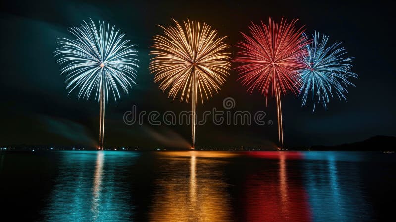 Three Fireworks are Lit Up in the Night Sky, Creating a Colorful Stock ...