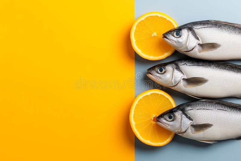 Three Fish with Slices of Orange on a Yellow and Blue Background Stock ...