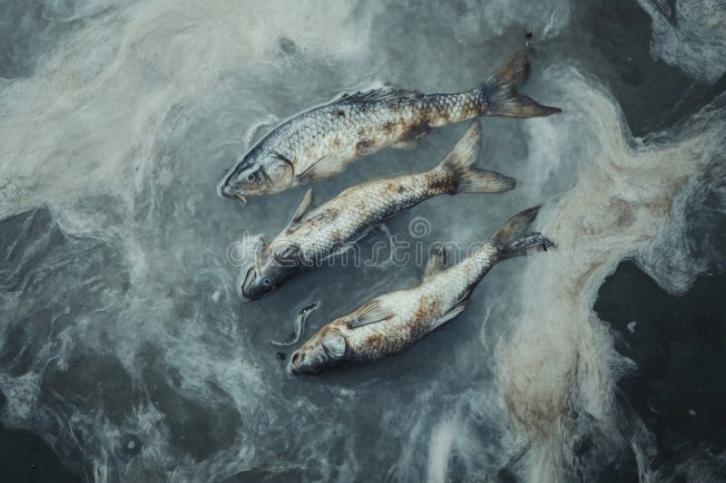 Three Fish Floating in Algae-Dense Water from Above Viewpoint Stock ...