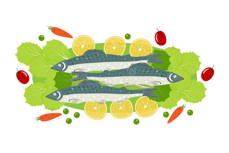 Three Fish on a Platter with Lettuce, Lemon and Vegetables Stock Vector ...