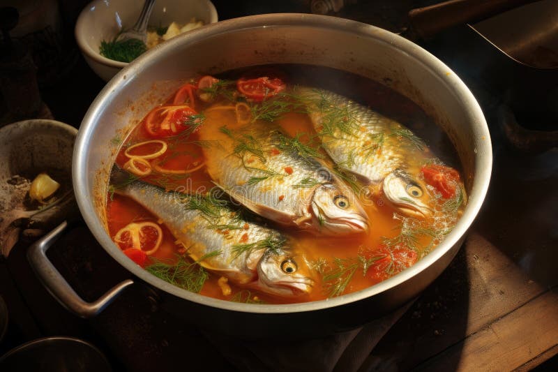 Three Fish Simmering in a Golden Broth with Tomatoes and Herbs in a ...