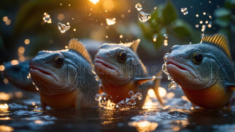 Three Perch Fish Jumping Out of Water at Golden Hour Stock Illustration ...