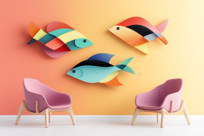 Three Fish 3d Wall Art Modern Interior Design Chairs Stock Illustration ...