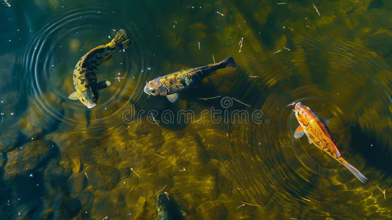 Three Fish Swimming in a Pond with Ripples Stock Photo - Image of ...
