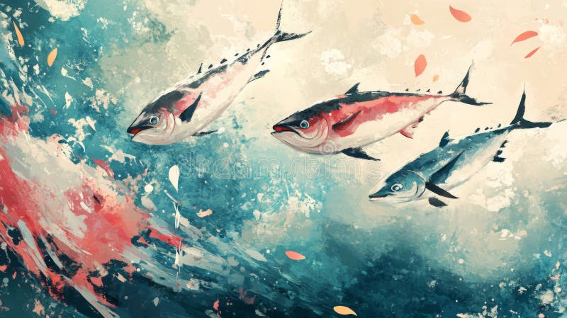Three Fish Swimming in a Whirlwind of Blue and Pink Stock Illustration ...