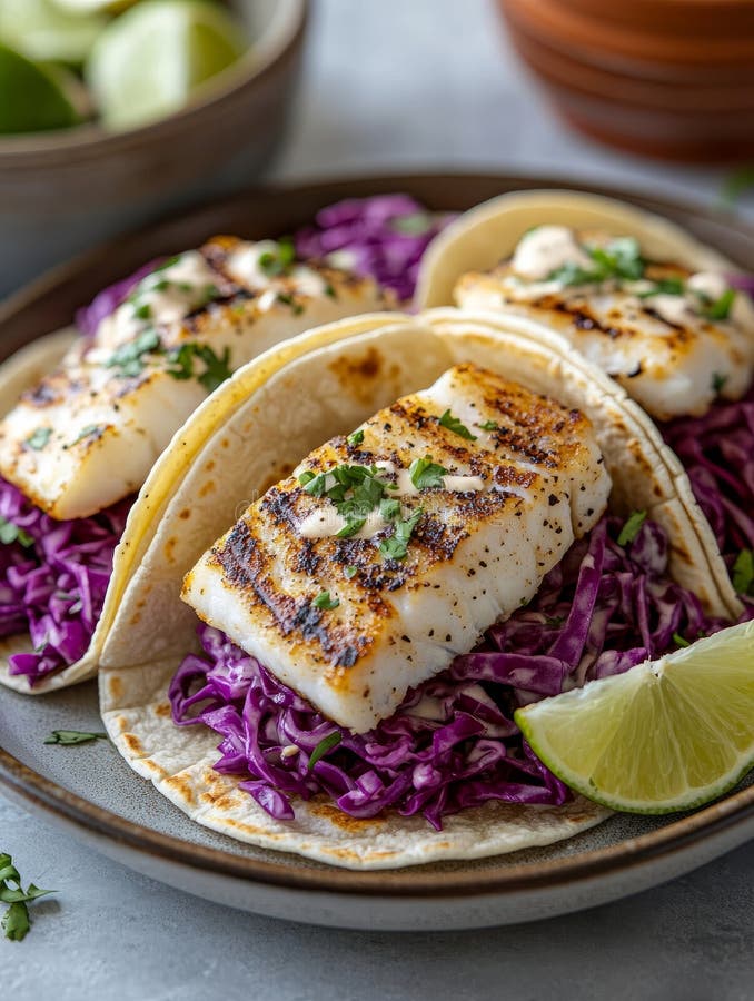 Three Fish Tacos with Grilled Fish and Purple Cabbage. Stock Image ...