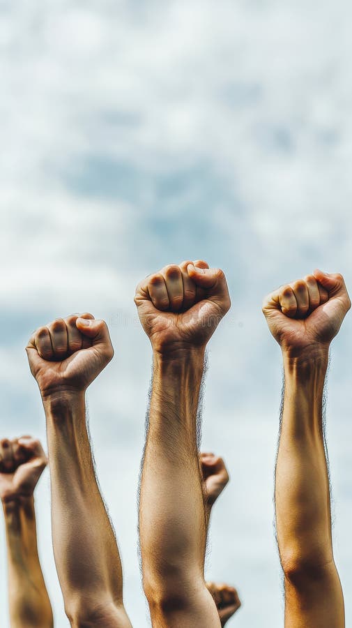 Three Fists Raised in Unity Against a Cloudy Sky Stock Illustration ...