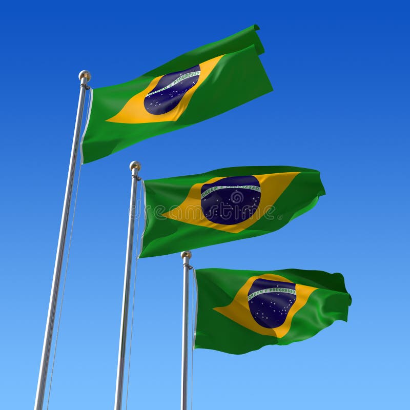 Three Flags of Brazil Against Blue Sky. 3d Illustr Stock Illustration ...