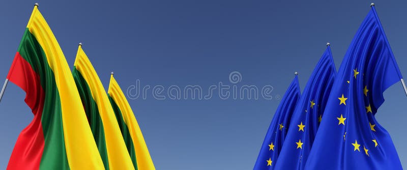 Three Flags of EU and Lithuania on Flagpoles on Sides. Flags on a Blue ...