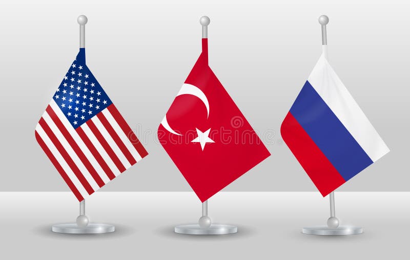 Three Flags on the Table USA, Turkey and Russia. Diplomatic ...