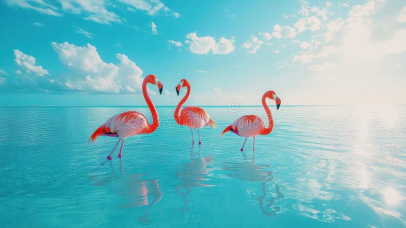 Three Flamingos in Blue Water Stock Illustration - Illustration of ...