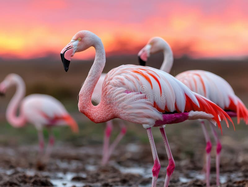 Three Flamingos Standing in a Muddy Area at Sunset Stock Illustration ...
