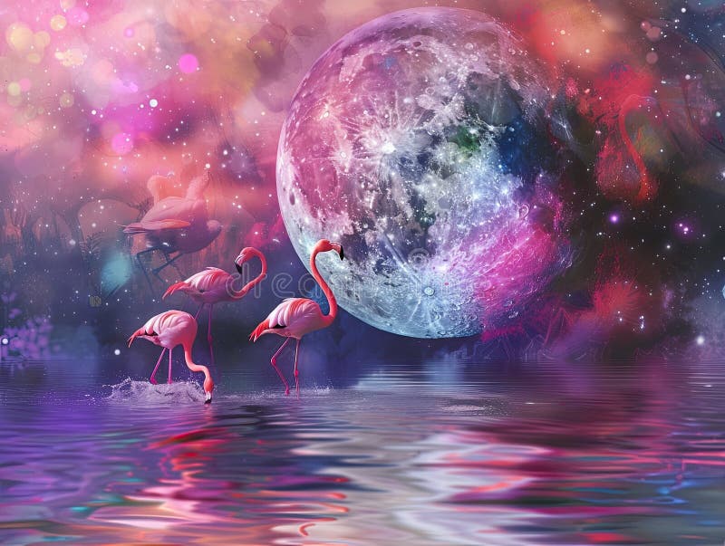 Three Flamingos Walking Near the Water in Front of the Moon Stock ...