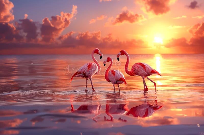 Three Flamingos in the Water at Sunset. Generative AI Stock Image ...