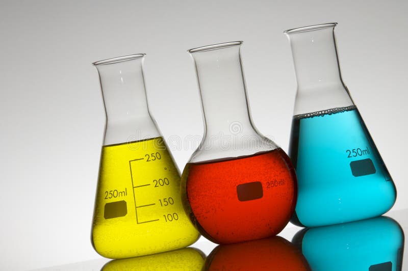 Three Flasks with Colored Liquid Reagents. Stock Photo - Image of blue ...