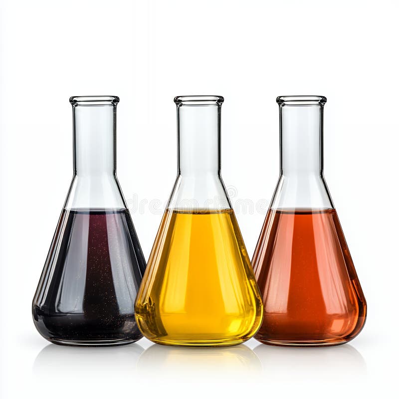 Three Flasks with Different Colored Liquids on White Background Stock ...