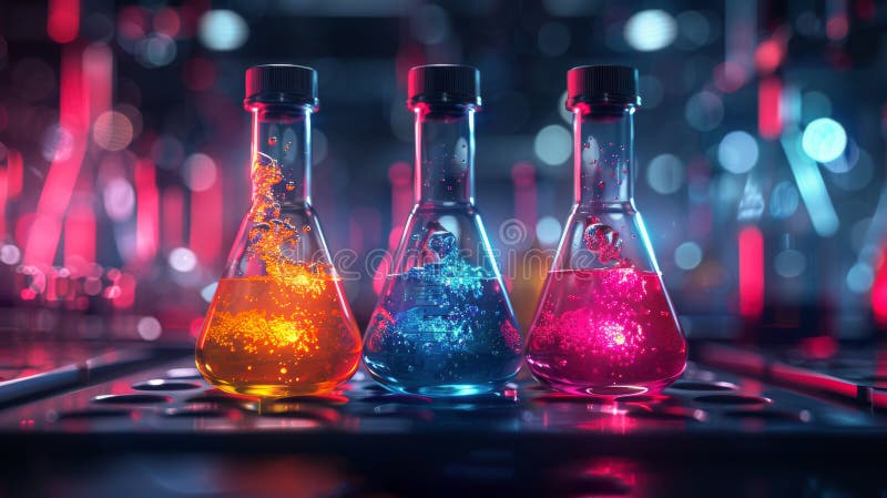 Three Flasks Filled with Different Colored Liquids Stock Photo - Image ...