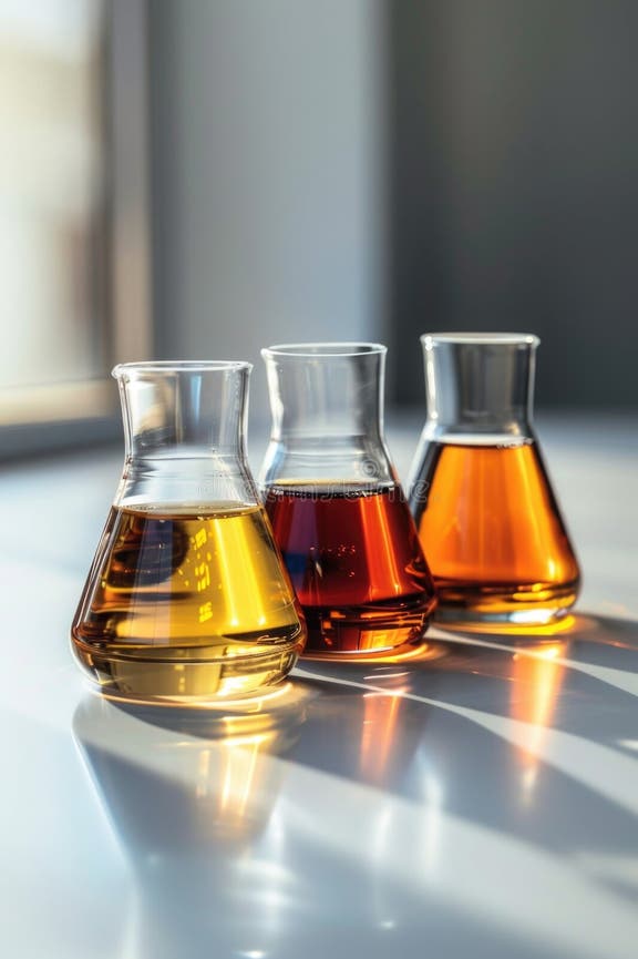 Three Flasks Filled with Liquid on a Table, Suitable for Science and ...