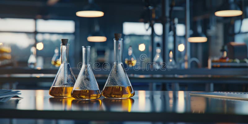 Three Flasks with Yellow Liquid in a Lab Setting. Created by Generative ...