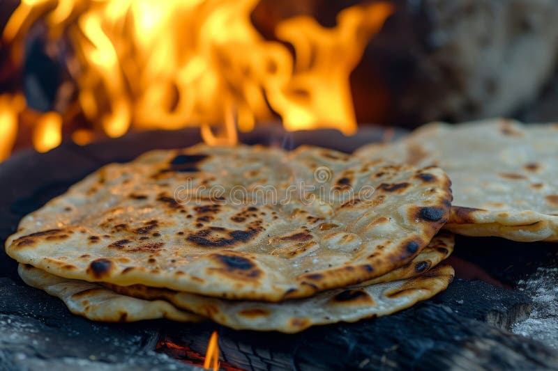 Three Flat Breads are Being Cooked Over an Open Fire, Creating a Rustic ...