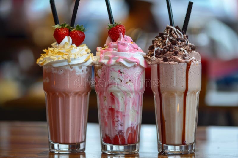 Three Flavored Milkshakes Garnished with Berries and Chocolate ...