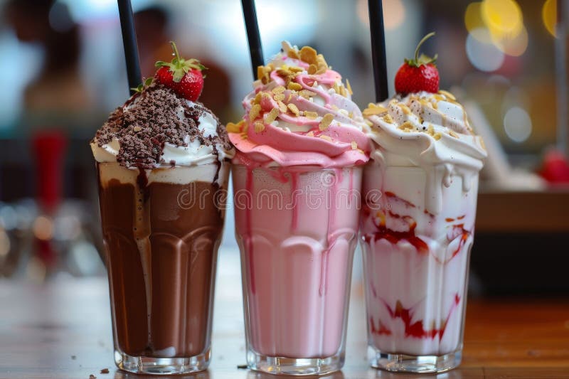 Three Flavored Milkshakes Garnished with Berries and Chocolate ...
