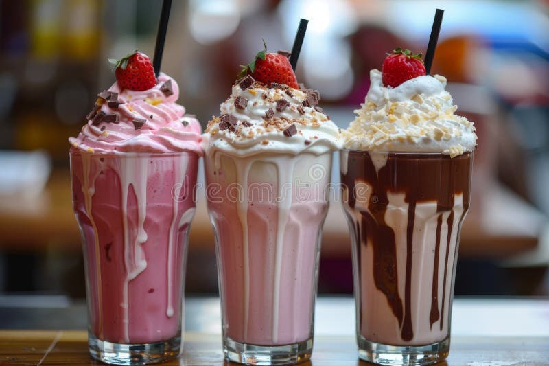 Three Flavored Milkshakes Garnished with Berries and Chocolate ...