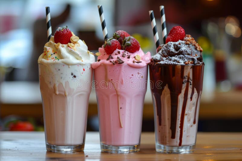Three Flavored Milkshakes Garnished with Berries and Chocolate ...