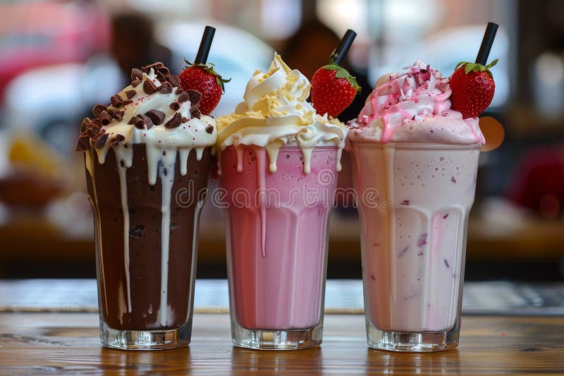 Three Flavored Milkshakes Garnished with Berries and Chocolate ...