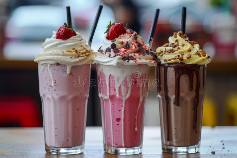 Three Flavored Milkshakes Garnished with Berries and Chocolate ...