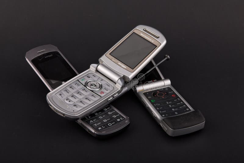 Three Old Flip Phones with Cut Out Screens Stock Image - Image of ...