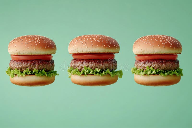 Three Floating Burgers on a Mint Green Background Stock Illustration ...