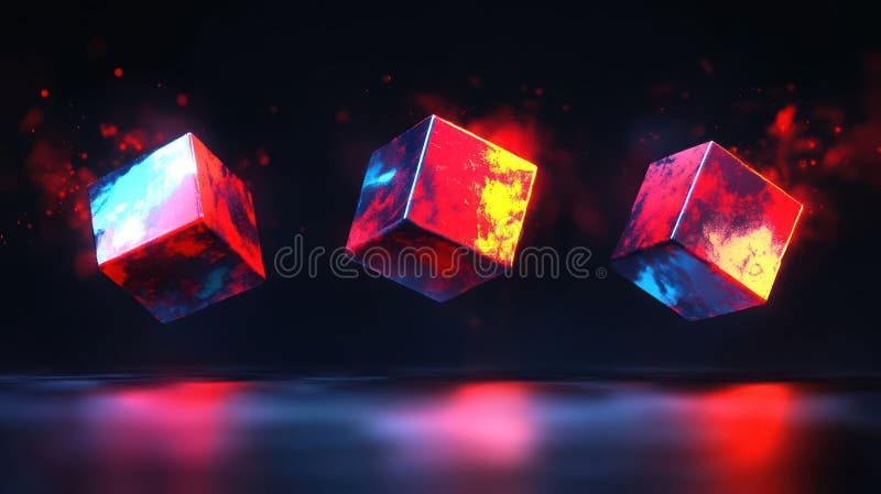 Three Floating Cubes with Vibrant Colors and Glowing Effects Against a ...