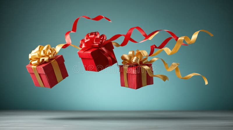 Three Floating Gift Boxes with Red and Gold Ribbons on a Teal ...