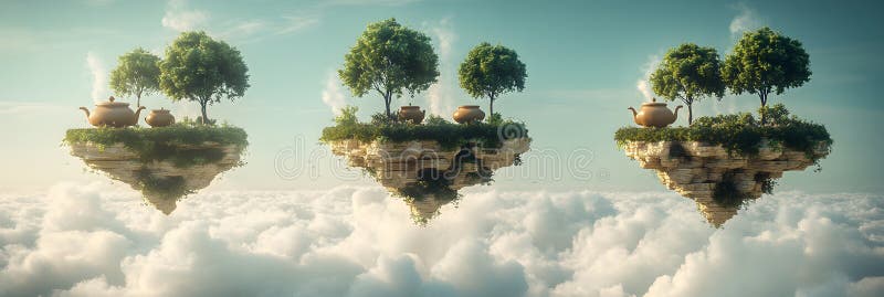 Three Floating Islands with Trees and Teapots Above Clouds in a Surreal ...