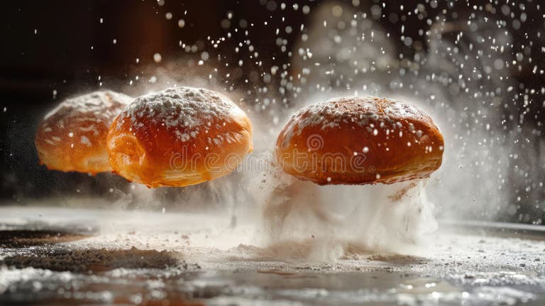 Delicious Golden Brown Buns with Powdered Sugar Dust Explosion Stock ...