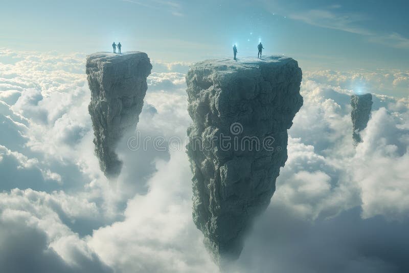 Three Floating Rock Formations with Figures Above a Sea of Clouds Stock ...