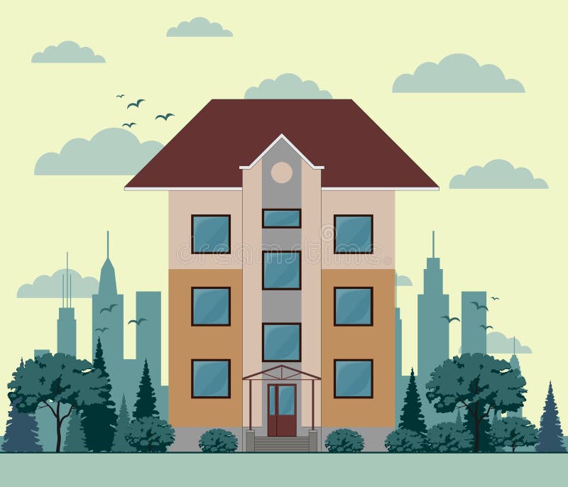 Three-floor House Facade, Tree, Street, Sky and Clouds Stock Vector ...