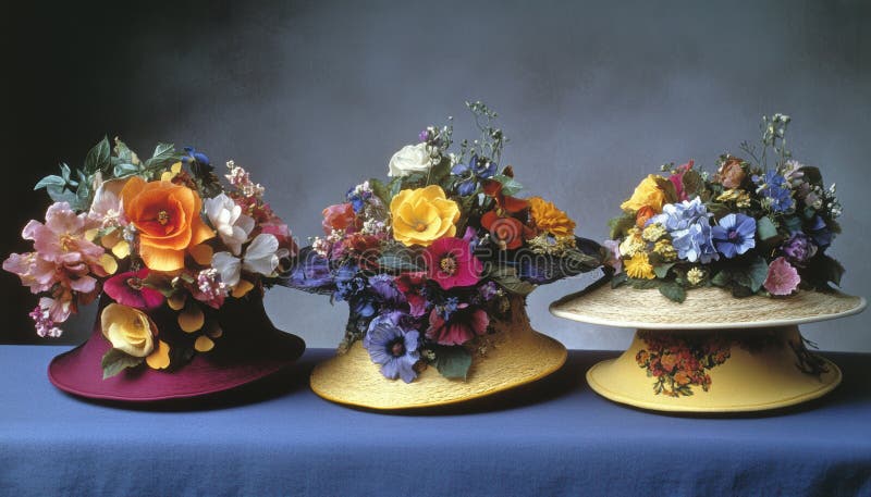 Three Floral Hats Adorn a Table, Celebrating Spring and Easter Cheer ...