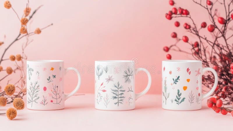 Three Floral Mugs on Pink Background Stock Illustration - Illustration ...